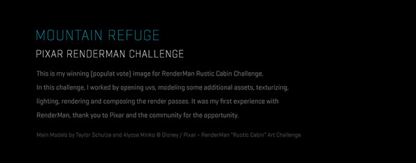 Marcelo Vaz : : Digital Artist - Mountain Refuge - Pixar Renderman Challenge